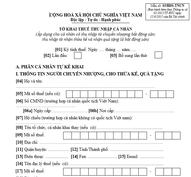 Mẫu tờ khai thuế TNCN dành cho cá nhân có thu nhập từ chuyển nhượng bất động sản, thu nhập từ ...